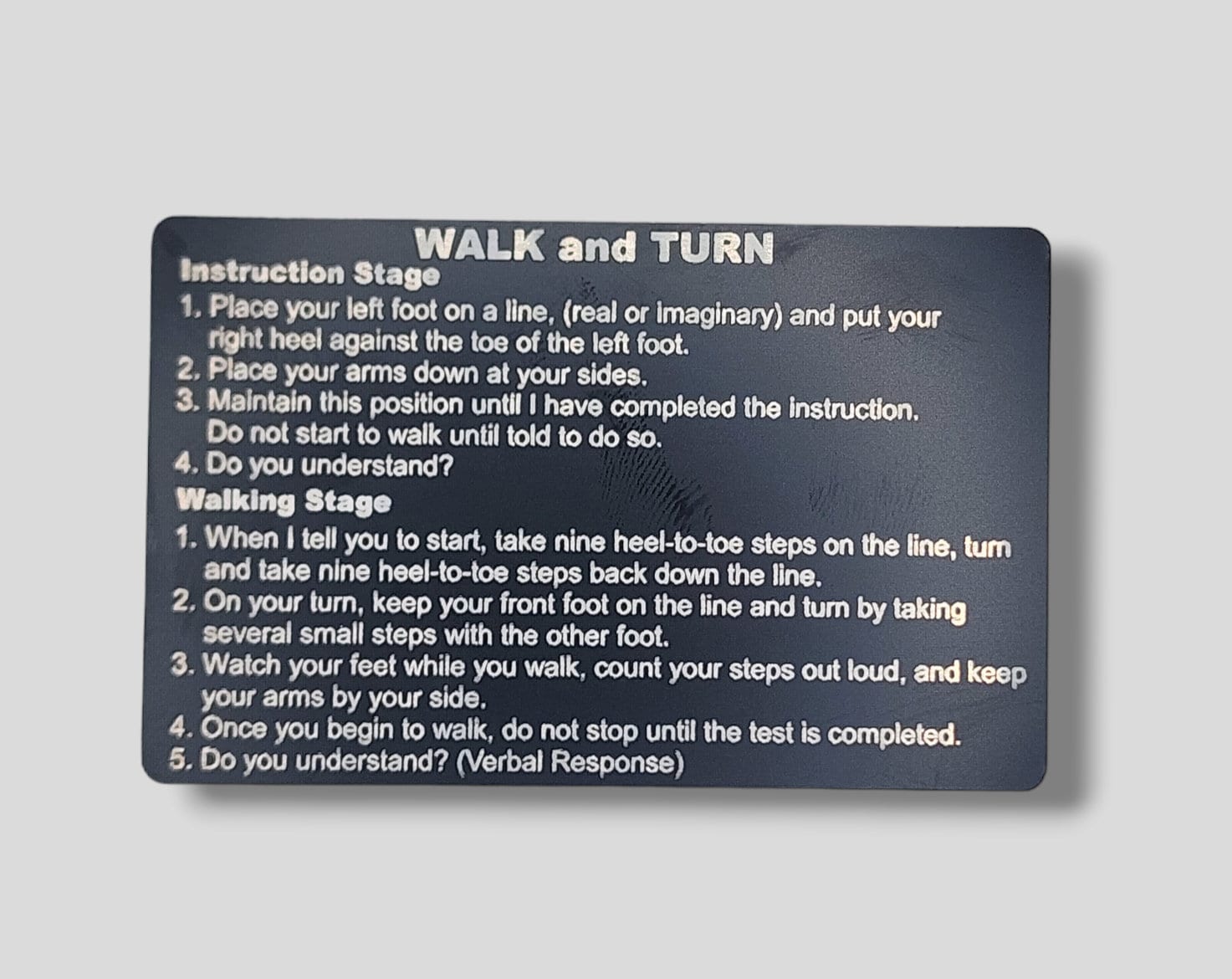 Metal NHTSA SFST Checklist Cards Walk and Turn, Hgn, One Leg Stand, Law ...