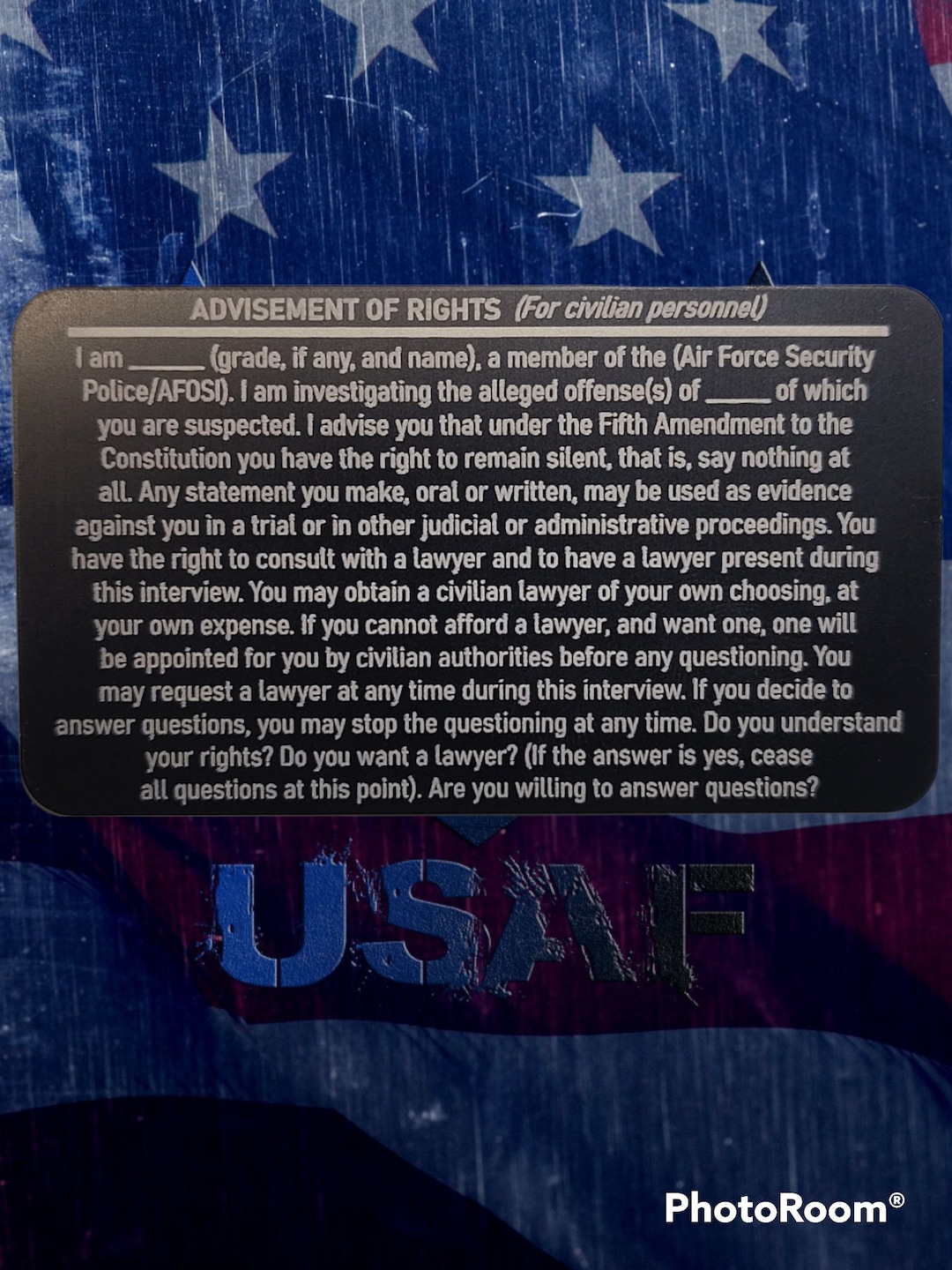 USAF Rights Advisement Card - Air Force, Rights Card, Rights Advisement ...