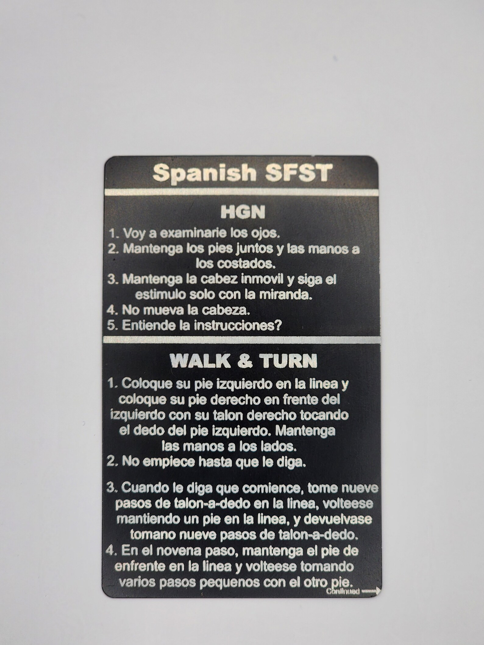Spanish SFST/HGN Card Field Sobriety, Law Enforcement, Cops, Police ...