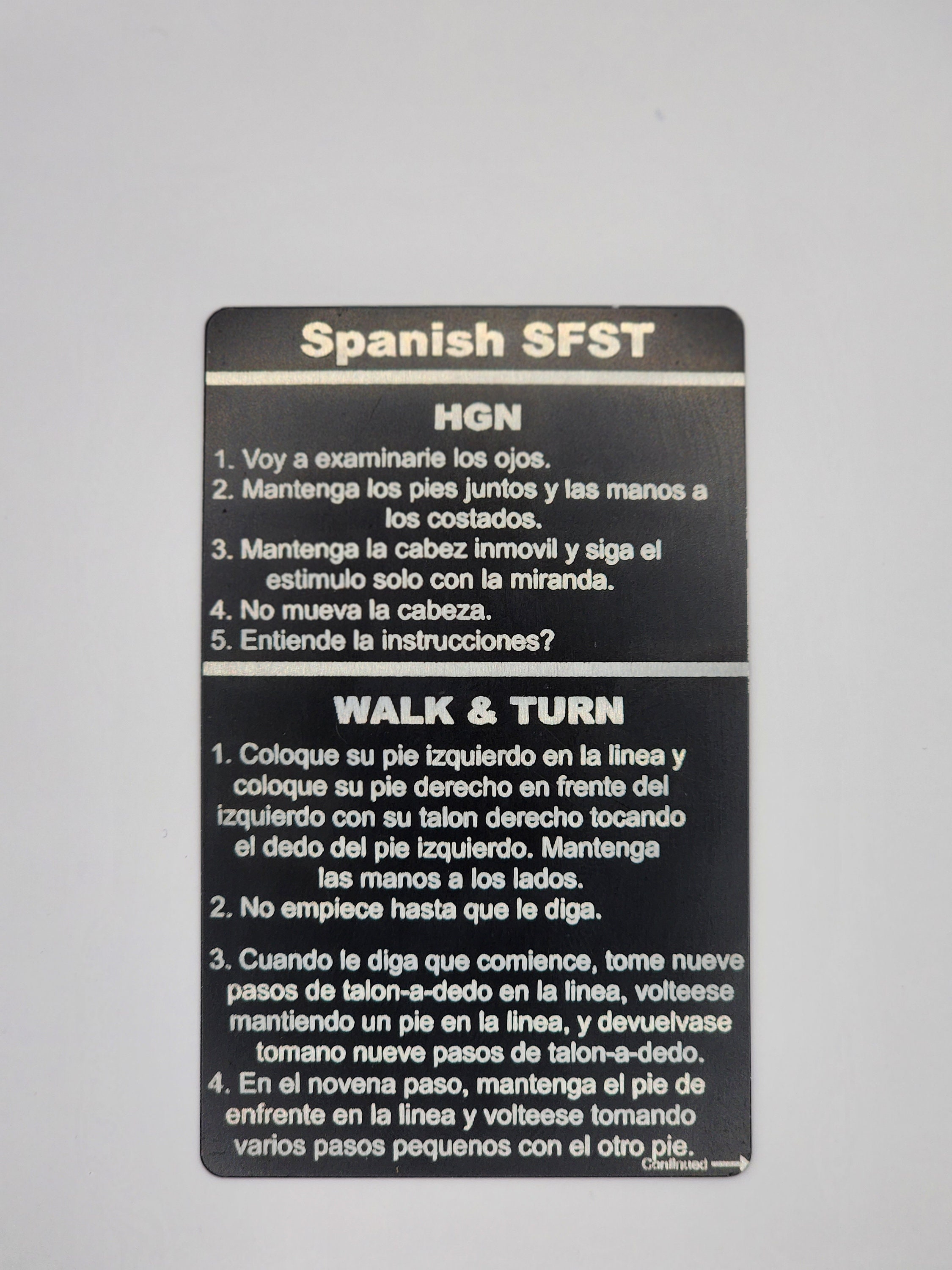 Spanish SFST/HGN Card Field Sobriety, Law Enforcement, Cops, Police ...