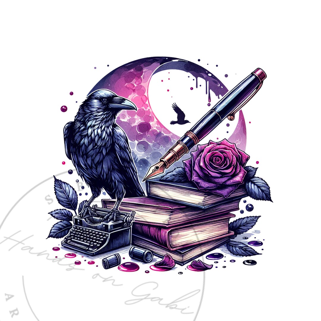 Edgar Allen Poe Clipart, Purple Raven Png, Watercolor Rose Flower ...
