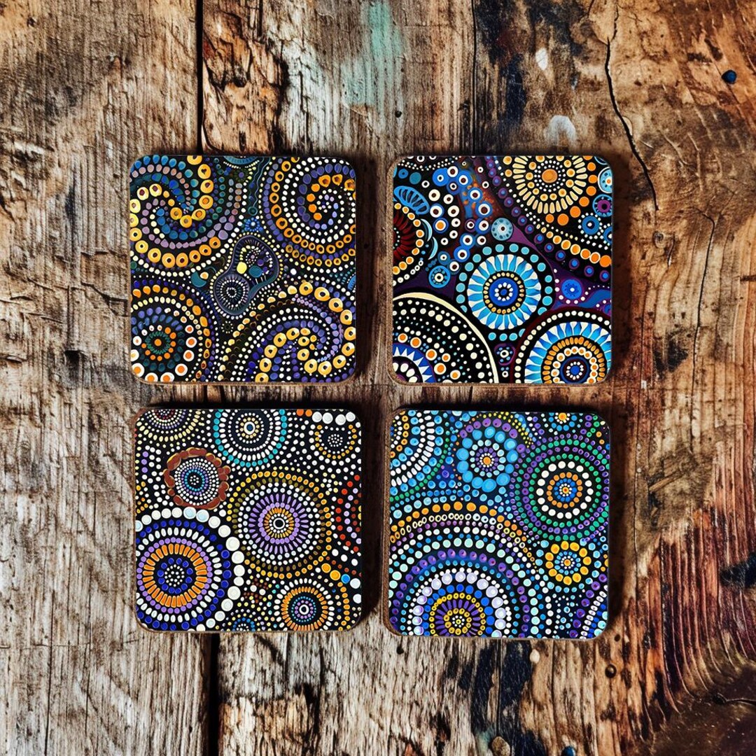Aboriginal Art Coaster Set Australia Aborigine Coasters Blue Purple Dot ...