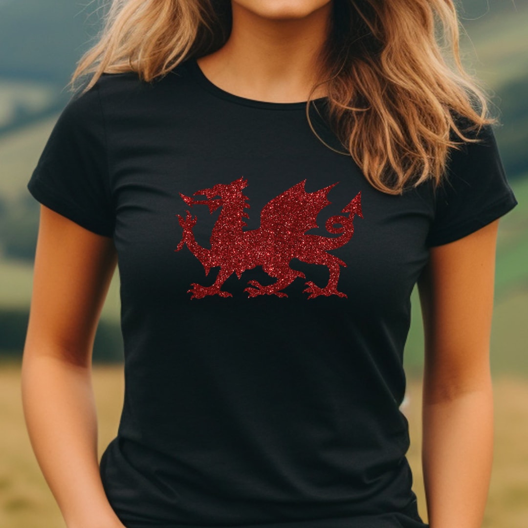 Ladies Welsh Dragon Glitter T-shirt: St Davids Day Wales Rugby Top ...