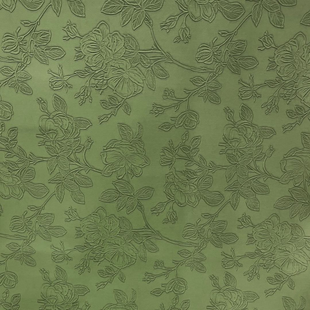 Green Floral Embossed Faux Leather Fabric - PU Vinyl Material 140cm ...