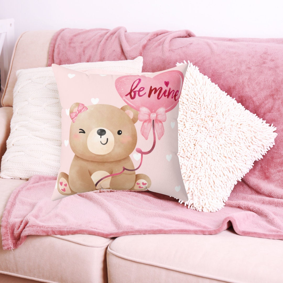 Teddy Bear Valentine's Day Throw Pillow Pink Be Mine Decorative Cushion ...