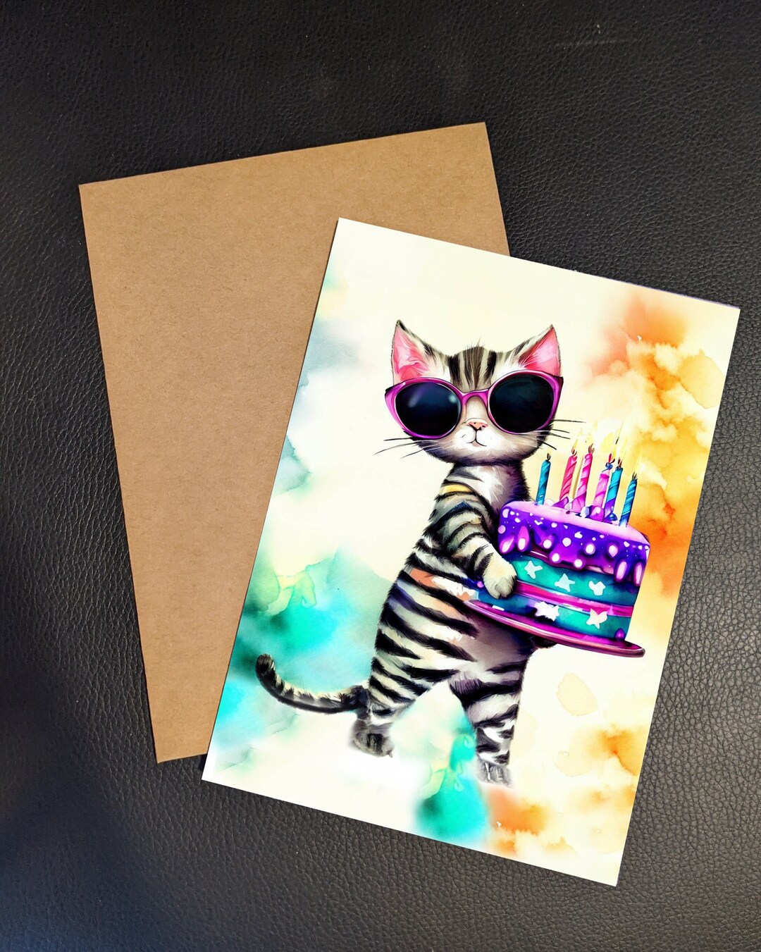 Cool Cat Birthday Card Watercolor, Cat Lover Birthday, Cute Cat ...