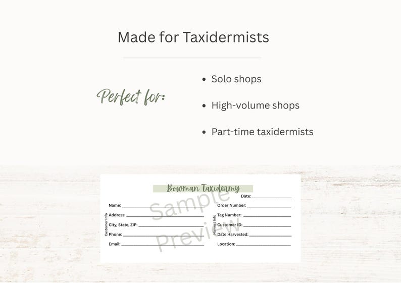 Taxidermy Client Intake Form | Taxidermy Work Order | Editable ...