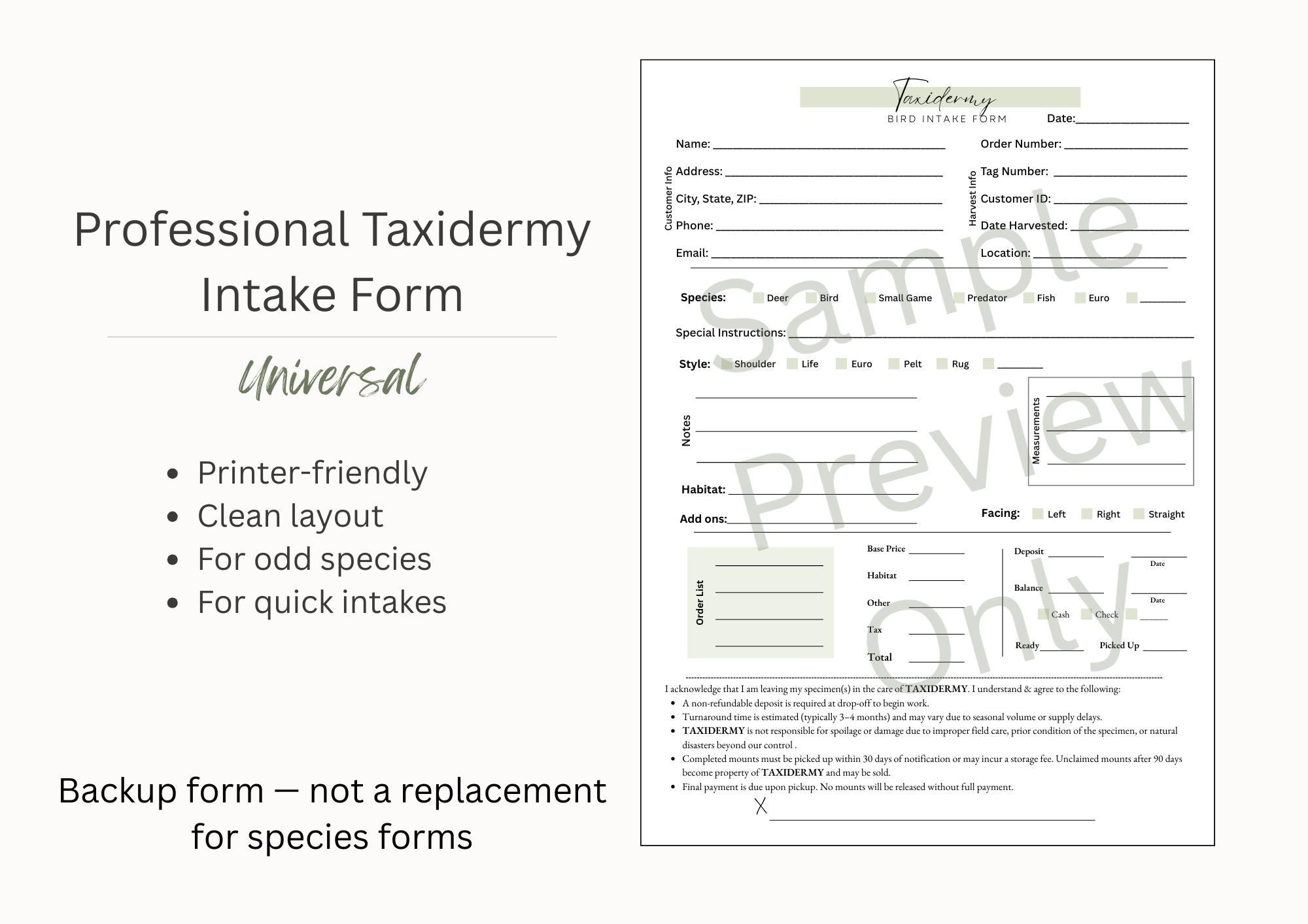 Taxidermy Client Intake Form | Taxidermy Work Order | Editable ...