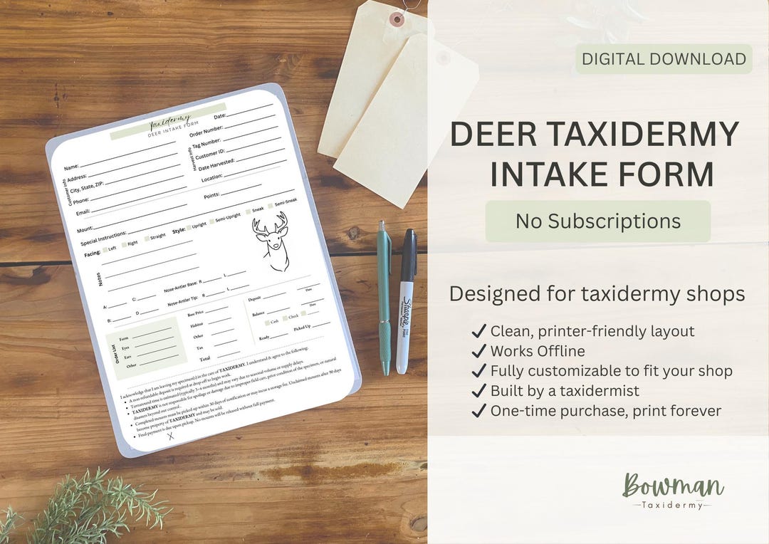 Deer Taxidermy Intake Form | Client Information Sheet for Taxidermists ...