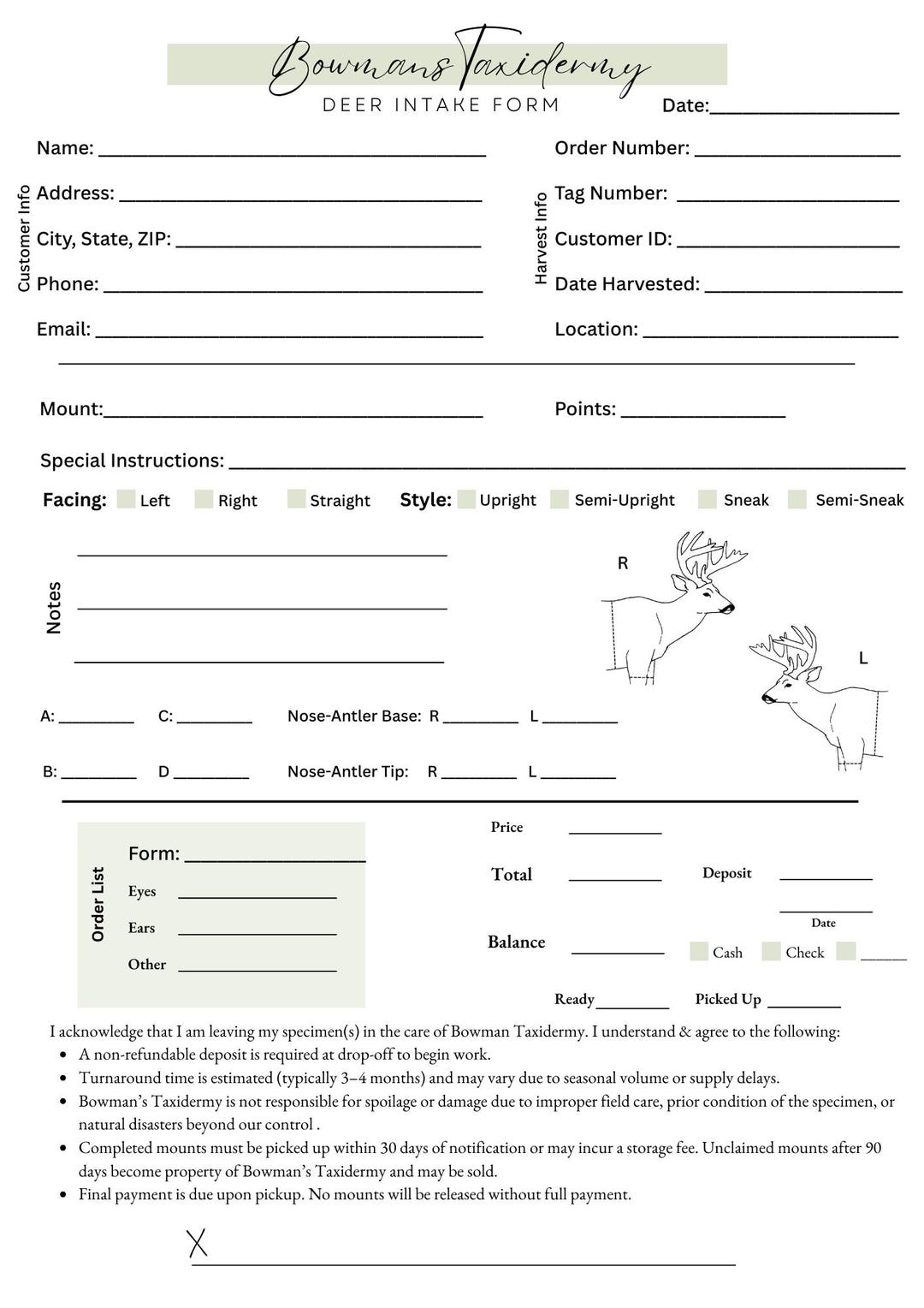 Taxidermy Deer Intake Form | Client Work Order | Shoulder Mount Record ...