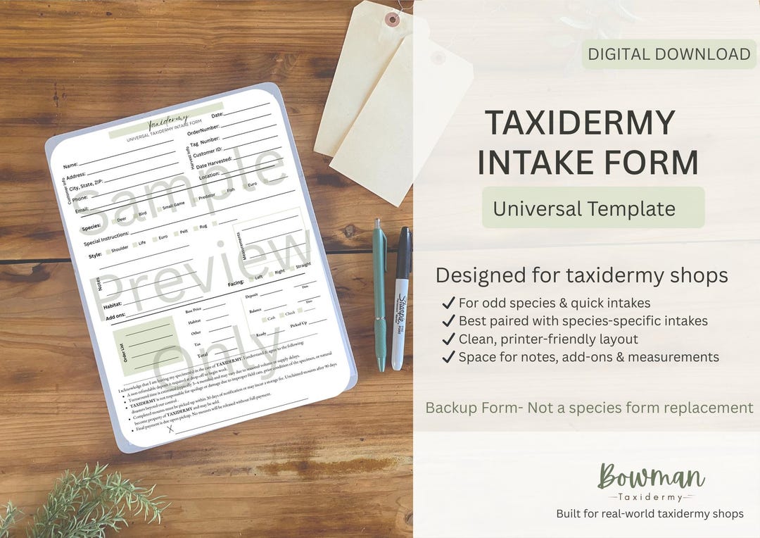 Taxidermy Client Intake Form | Taxidermy Work Order | Editable ...