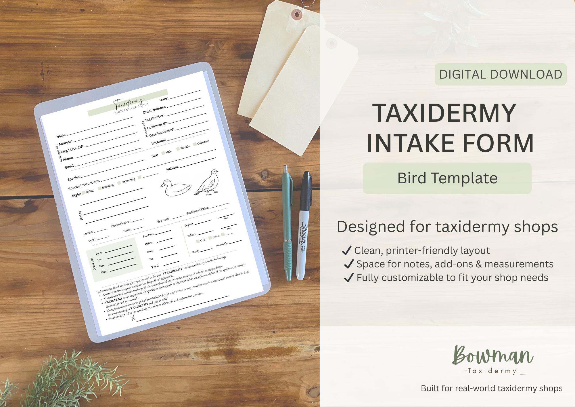 Taxidermy Intake Form for Birds | Client Work Order | Permit & Mount ...