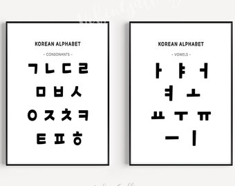 BLACK Korean Consonant and Vowels Poster Chart Korean Alphabet Hangul ...