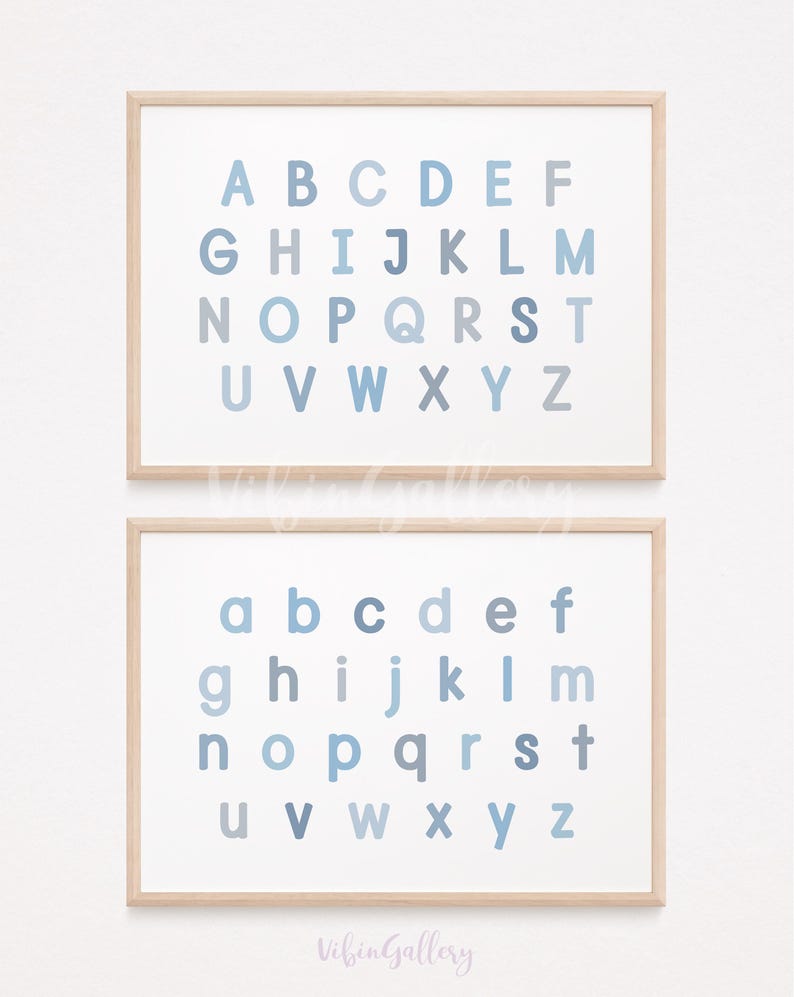 Lowercase Alphabet Poster Landscape, Blue Gray ABC Poster, Boys Room ...