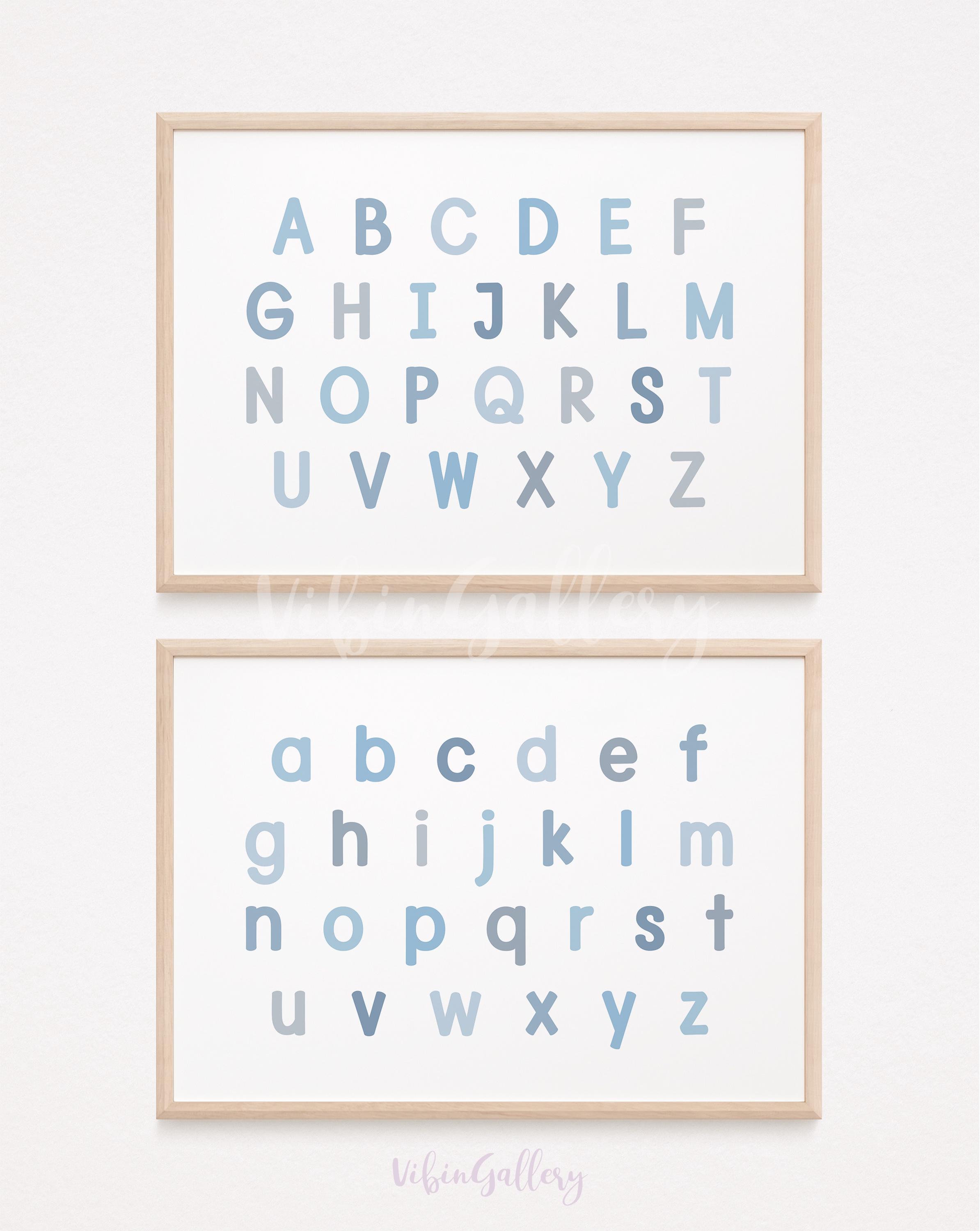 Lowercase Alphabet Poster Landscape, Blue Gray ABC Poster, Boys Room ...