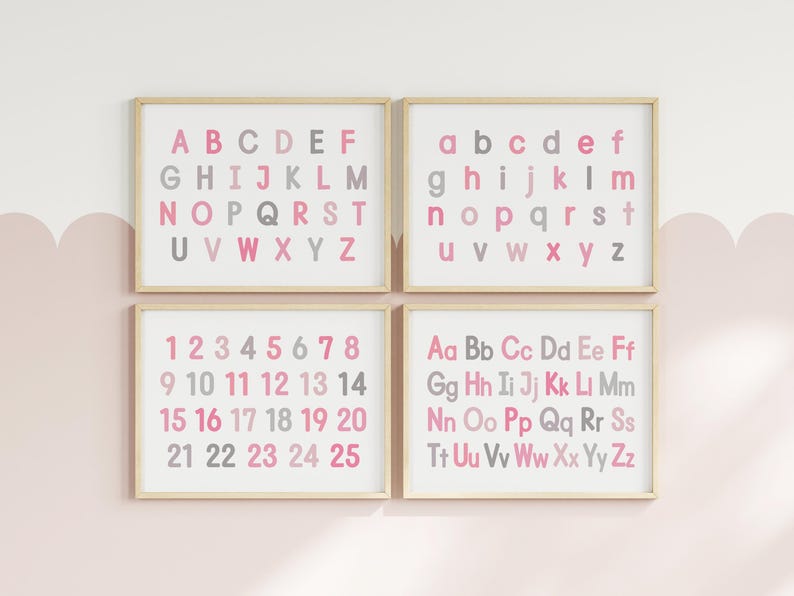 Lowercase Alphabet Poster Landscape, ABC Poster, Pink Gray Wall Decor ...