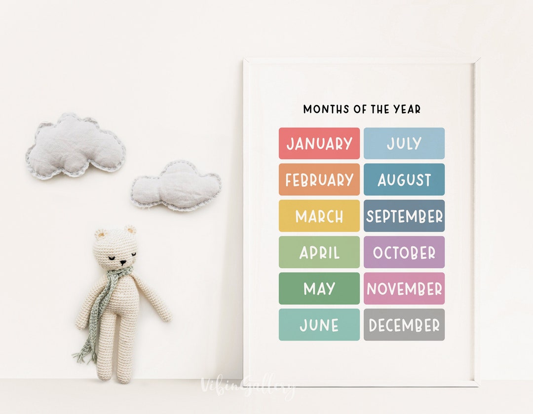 MONTHS of the Year Chart Pastel Months Print Soft Rainbow Wall Decor ...