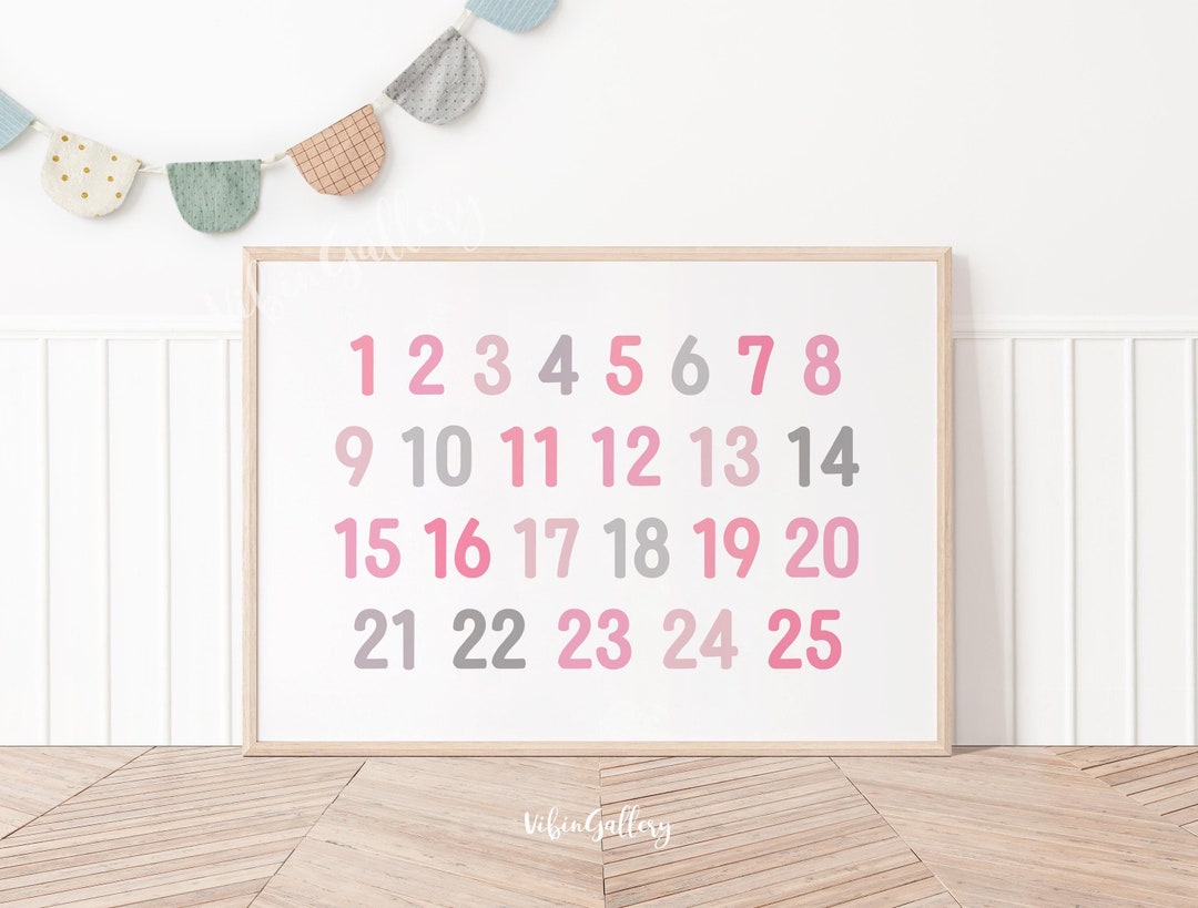 1-25 Number Poster Landscape, Count to 25, Pink Neutral Gray Wall Decor ...