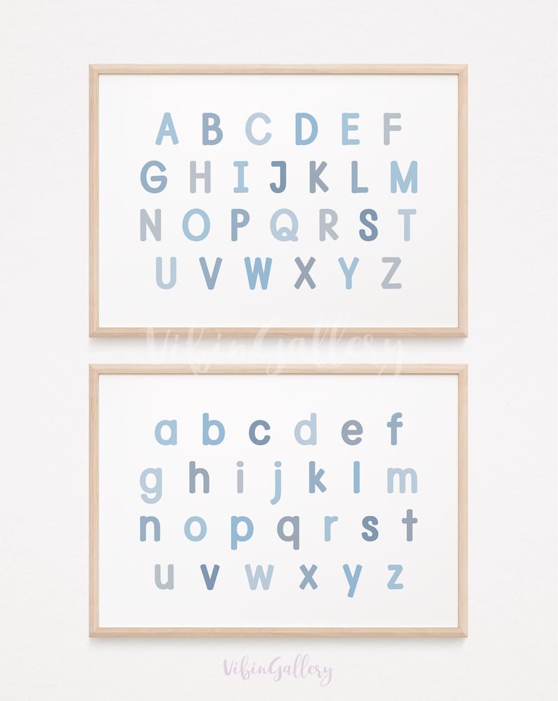 Horizontal Blue Gray Alphabet Poster, Upper and Lowercase Letters ...