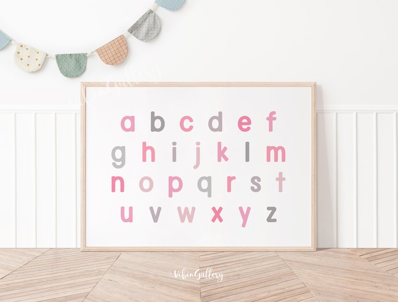 Lowercase Alphabet Poster Landscape, ABC Poster, Pink Gray Wall Decor ...