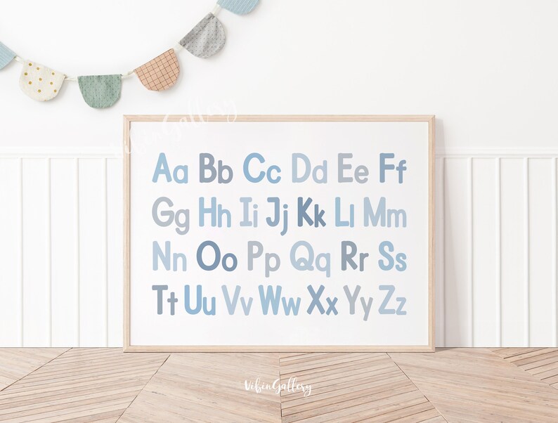 Horizontal Blue Gray Alphabet Poster, Upper and Lowercase Letters ...