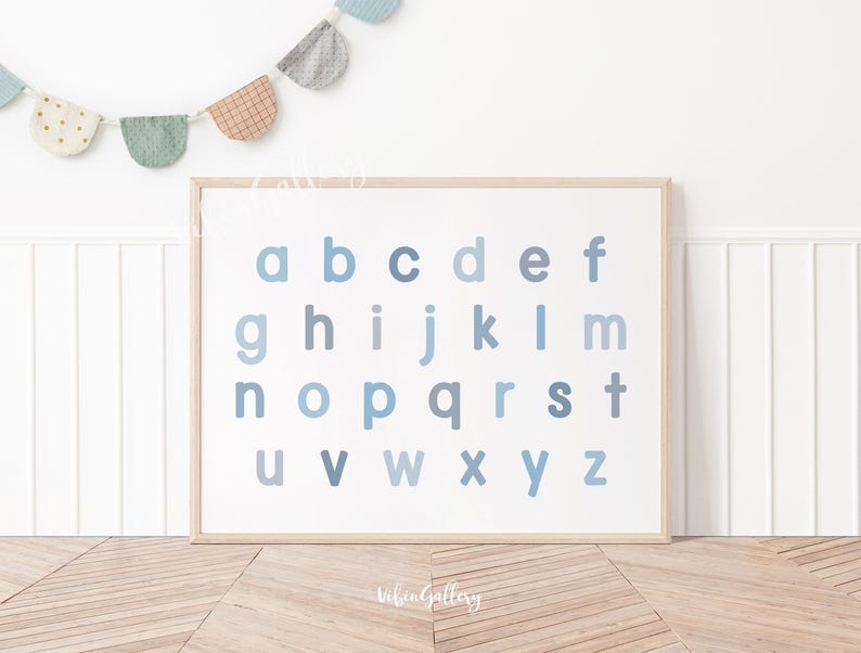 Lowercase Alphabet Poster Landscape, Blue Gray ABC Poster, Boys Room ...