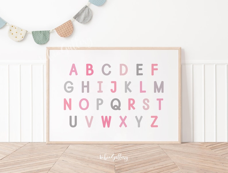 Horizontal Alphabet Poster, Pink, Neutral, Gray ABC Poster Landscape ...