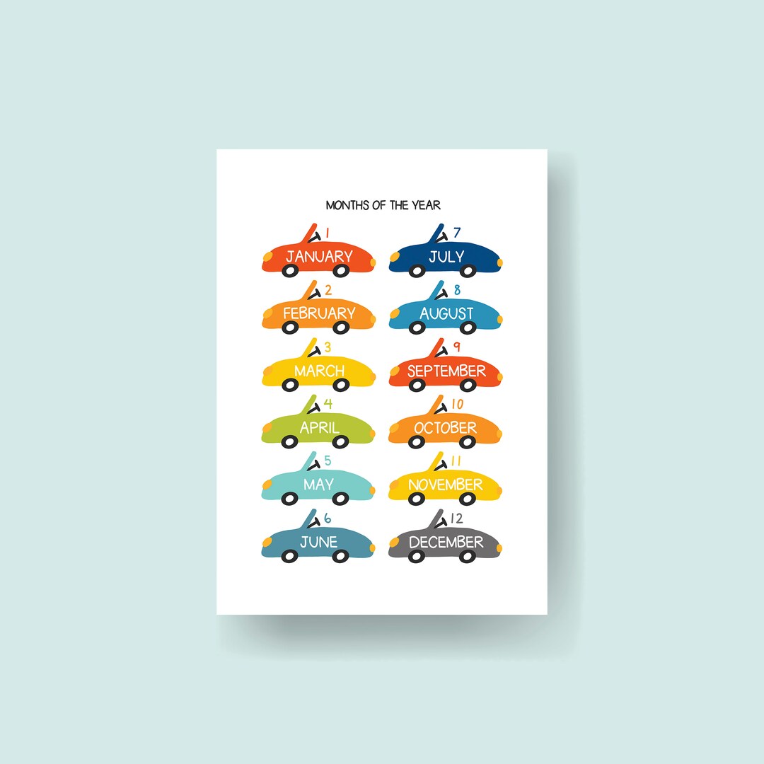 MONTHS of the Year Print Cars Wall Decor Kids Playroom educational ...