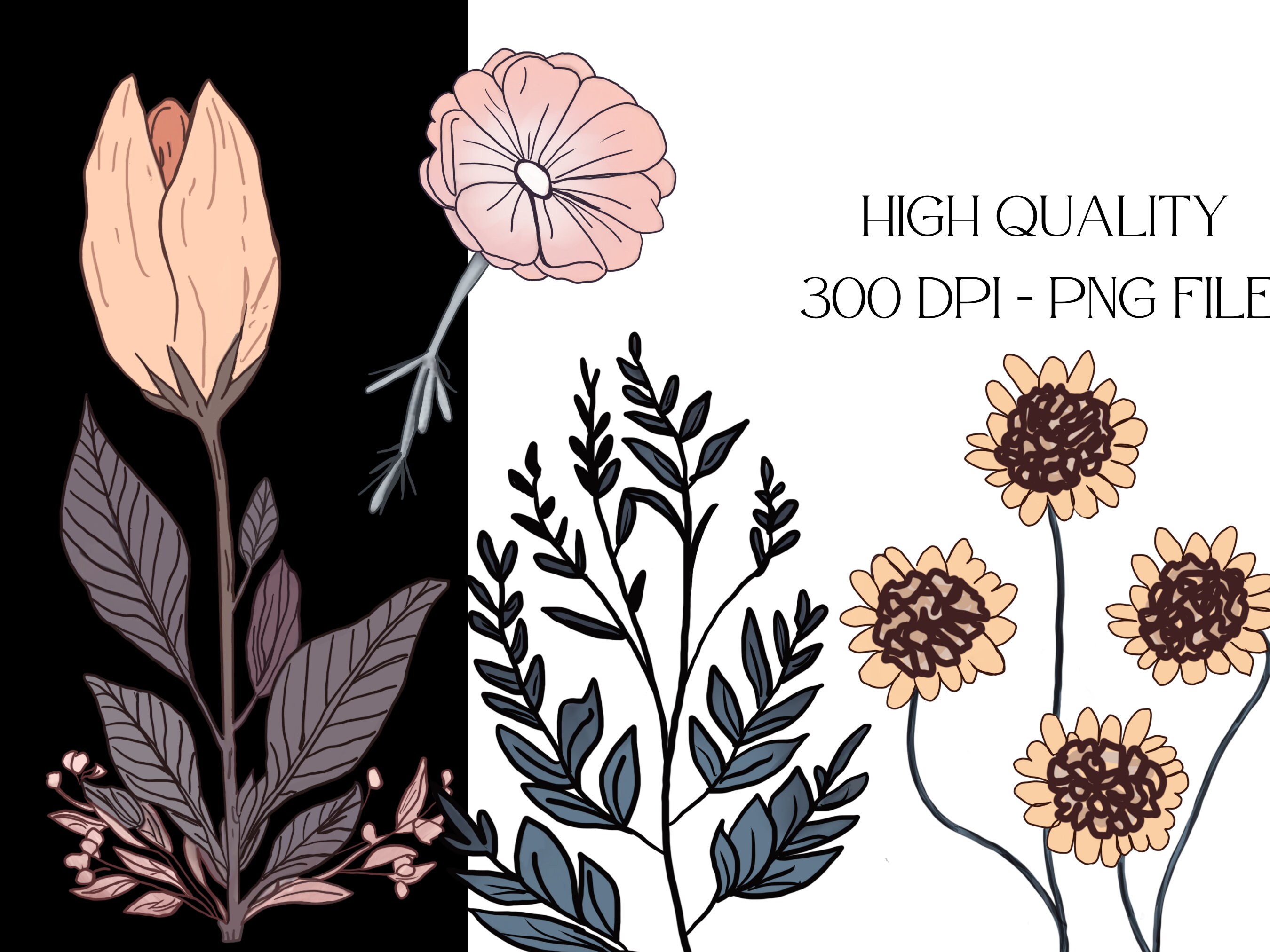 Boho Wildflower Clipart: Hand-drawn Floral PNG Bundle (digital Download ...