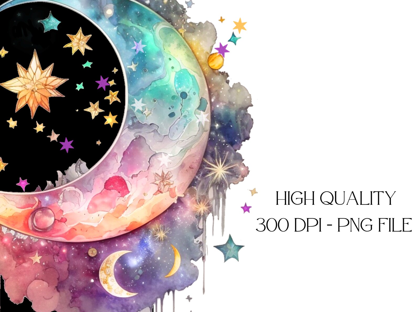 Moon Sublimation Designs, Magical Png, Boho Watercolor Moon Clipart ...