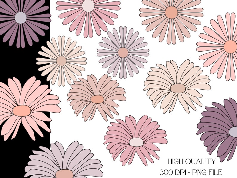 Boho Daisies Clipart, Boho Flowers PNG, Pastel Flower Clipart, Retro ...
