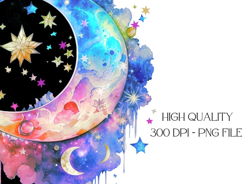 Watercolor Moon Png, Watercolor Celestial Clipart, Galaxy Png, Mystical ...