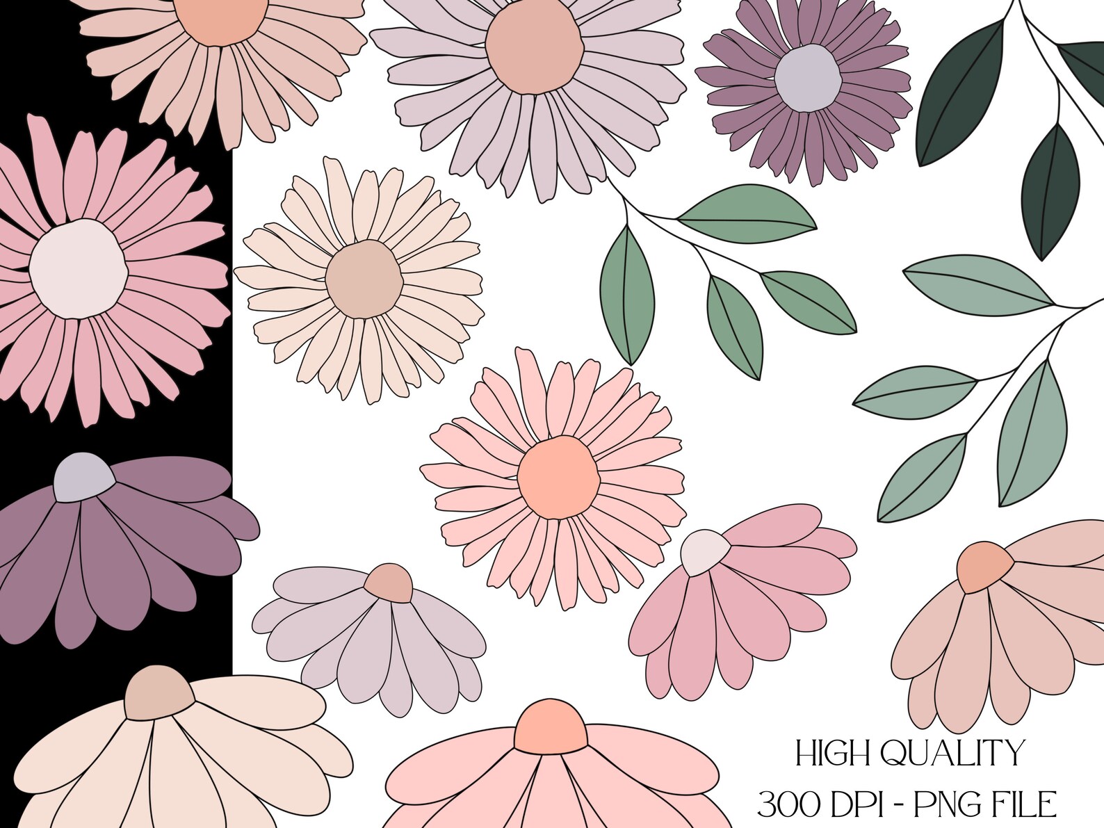 Boho Daisies Clipart, Boho Flowers PNG, Pastel Flower Clipart, Retro ...