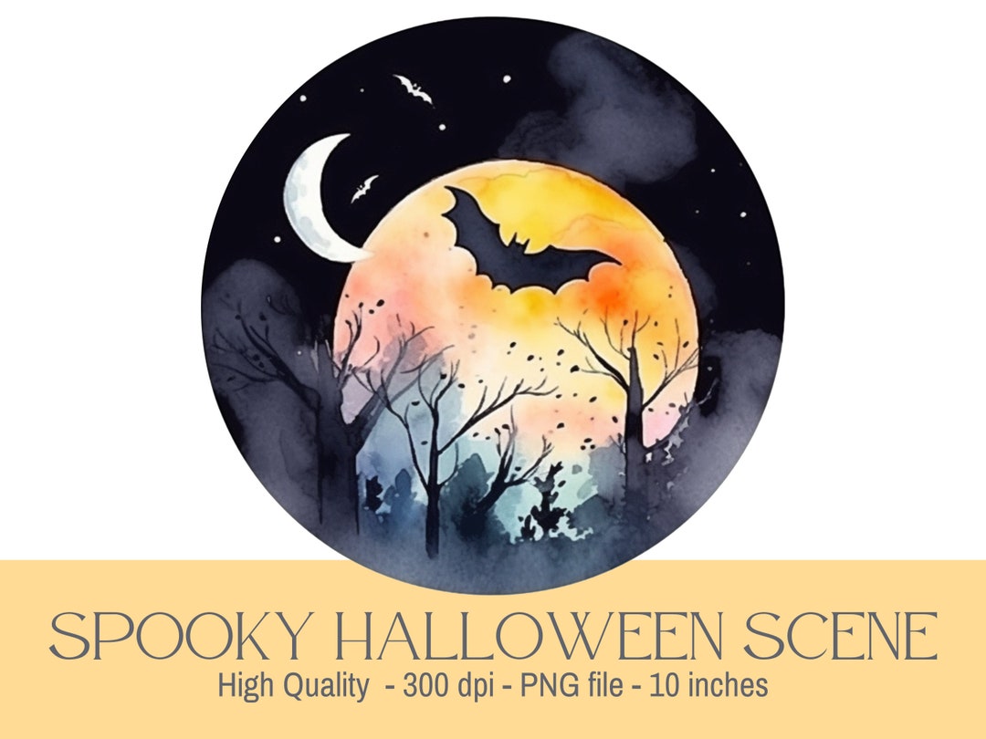 Watercolor Halloween PNG, Halloween Moon PNG, Halloween Scene Wall Art ...
