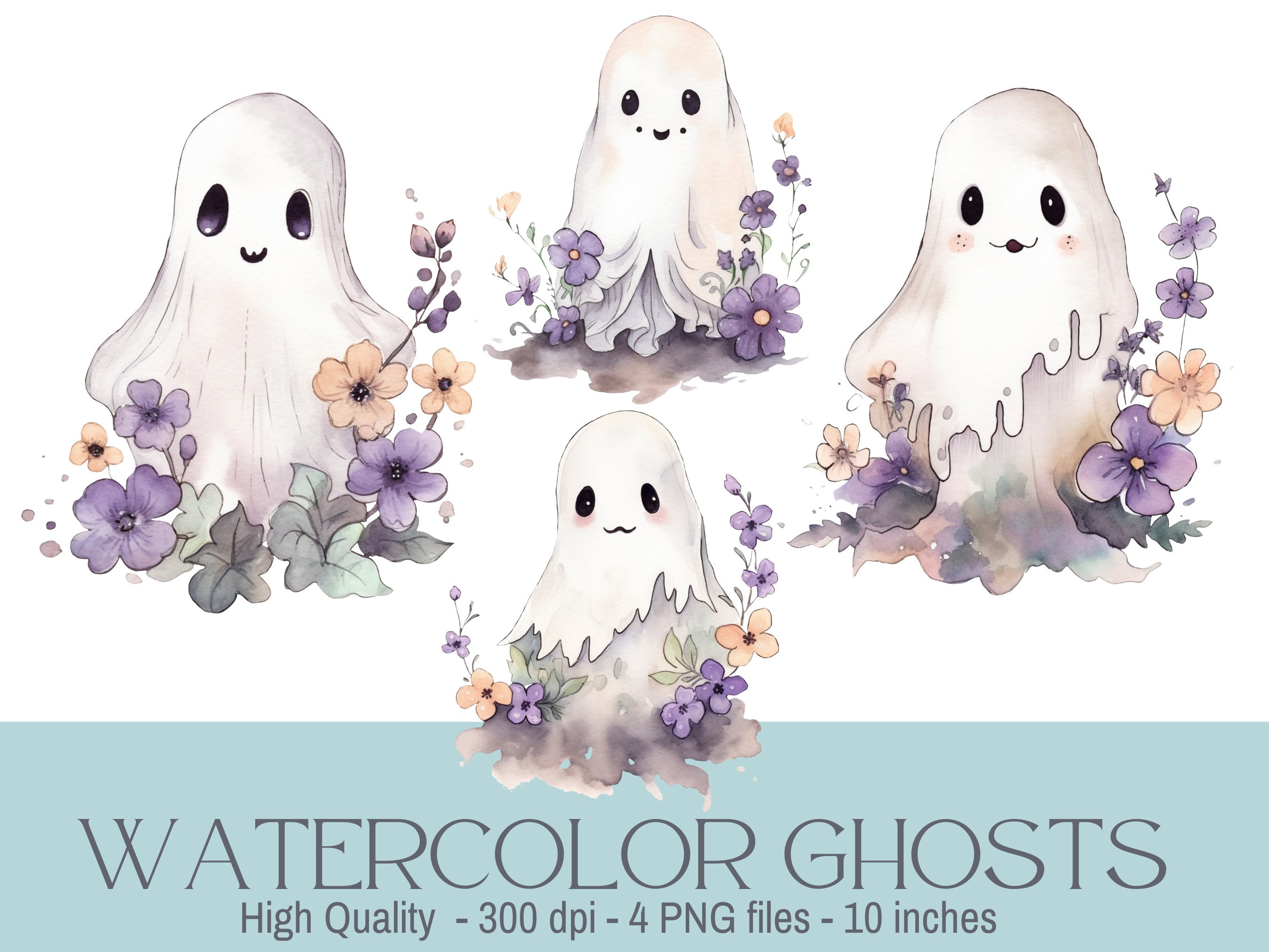 Boho Halloween PNG, Watercolor Ghost PNG, Cute Cartoon Ghost Clipart ...