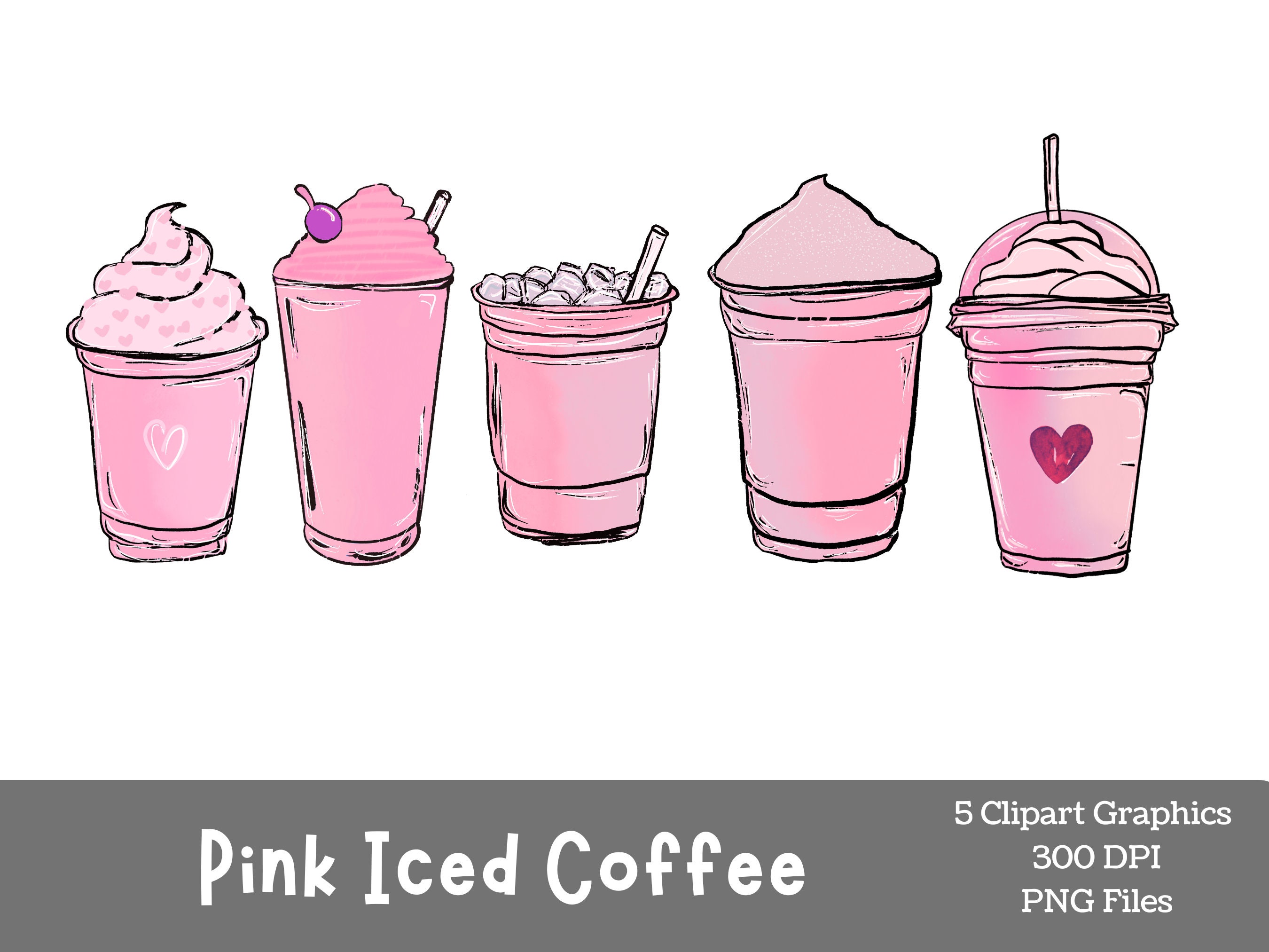 Valentines Clipart, Iced Coffee Clipart, Coffee Clipart, Pink Hearts ...