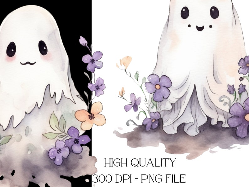 Boho Halloween PNG, Watercolor Ghost PNG, Cute Cartoon Ghost Clipart ...