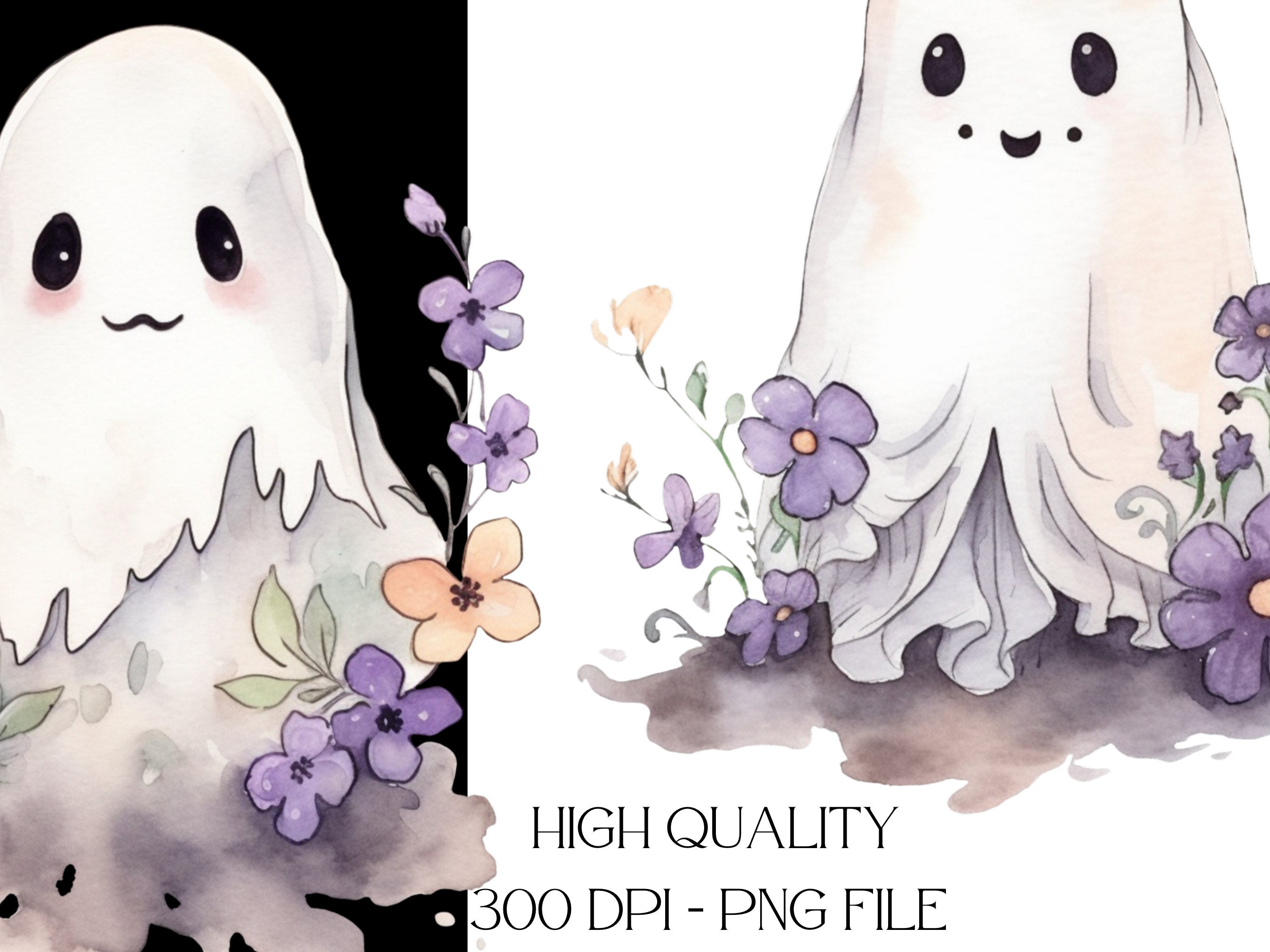 Boho Halloween PNG, Watercolor Ghost PNG, Cute Cartoon Ghost Clipart ...