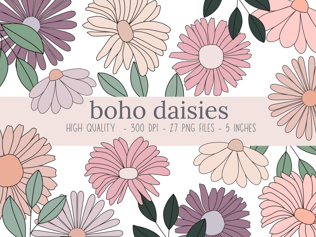 Boho Daisies Clipart, Boho Flowers PNG, Pastel Flower Clipart, Retro ...