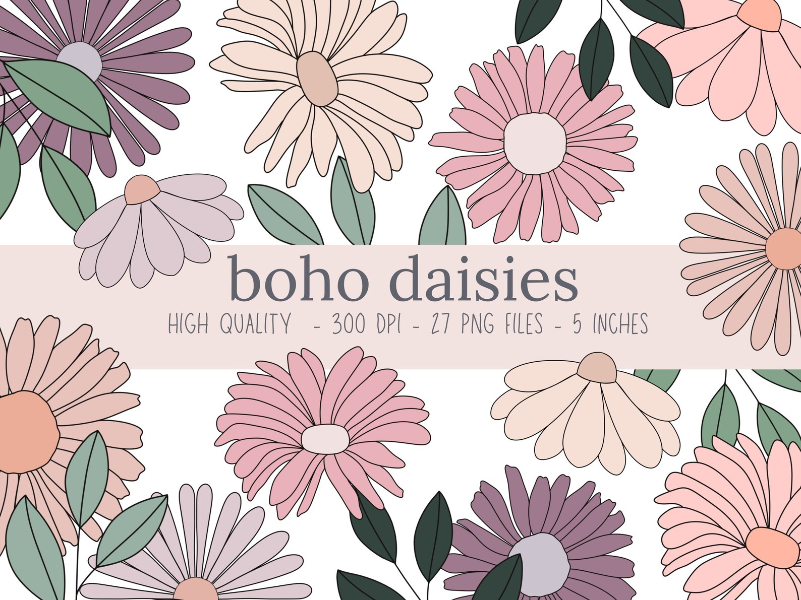 Boho Daisies Clipart, Boho Flowers PNG, Pastel Flower Clipart, Retro ...