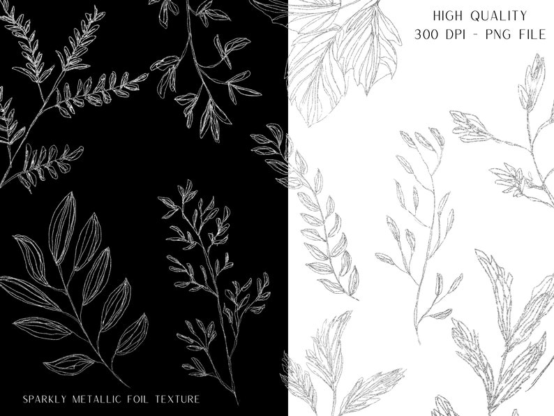 Silver Leaves Clipart, Metallic Clipart, Silver Botanicals PNG, Botanical Elements for Wedding ...