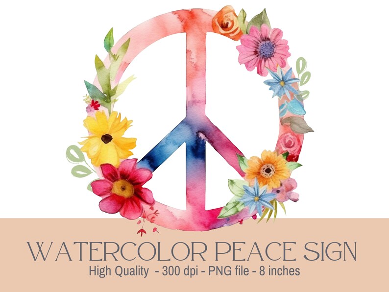 Watercolor Floral Peace Sign PNG, Peace Sign Sublimation PNG, Groovy ...