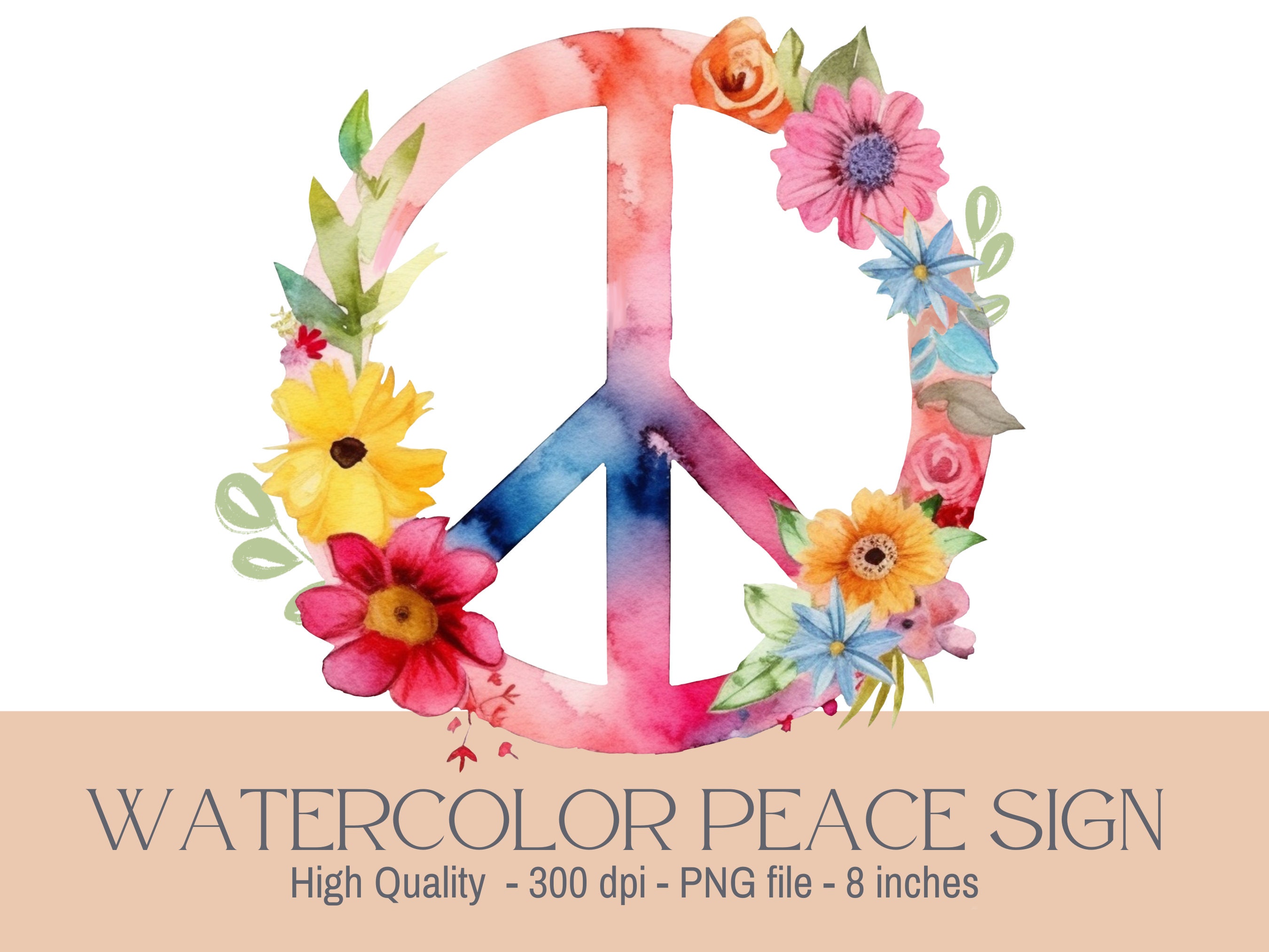 Watercolor Floral Peace Sign PNG, Peace Sign Sublimation PNG, Groovy ...