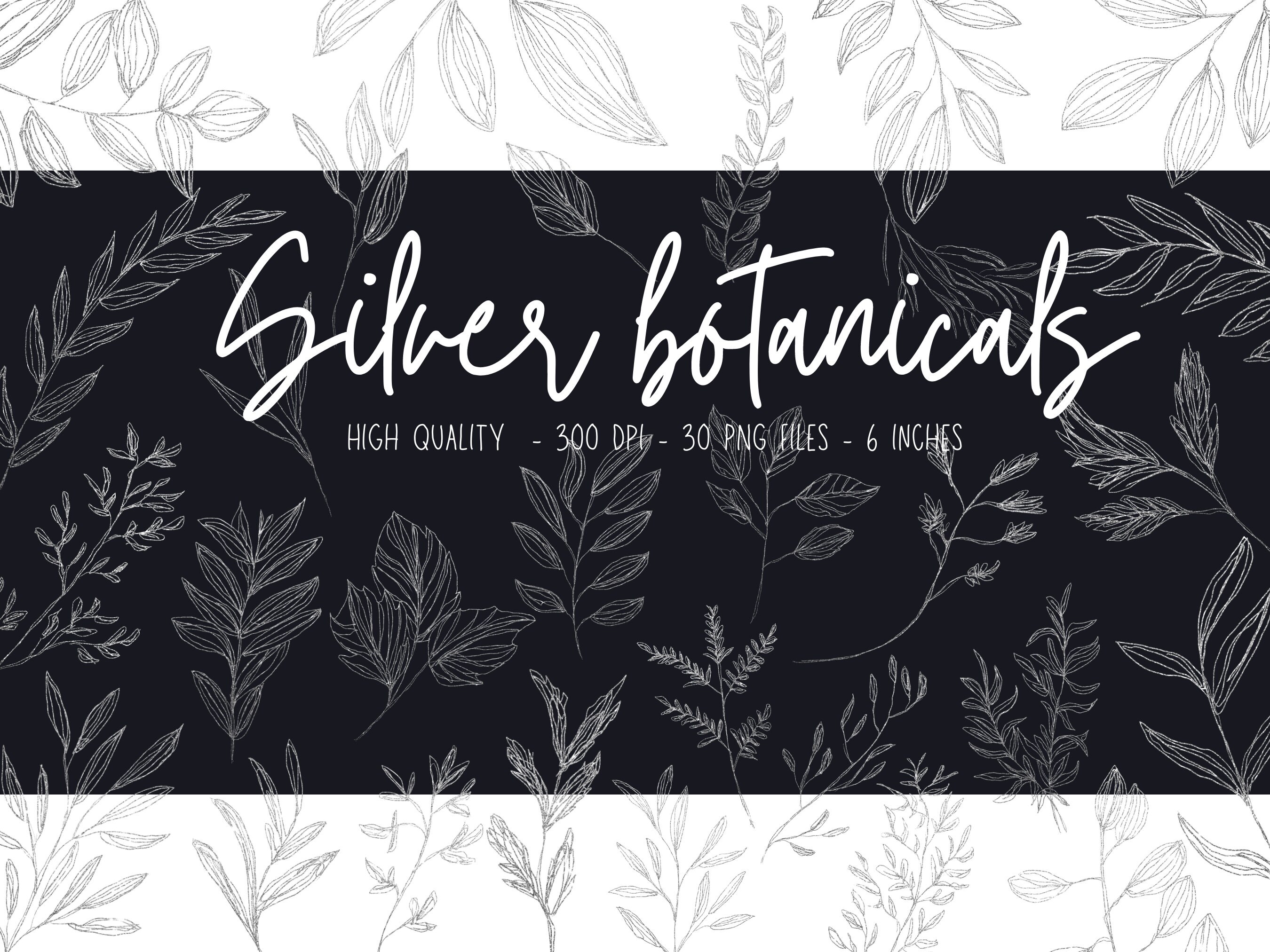 Silver Leaves Clipart, Metallic Clipart, Silver Botanicals PNG, Botanical Elements for Wedding ...