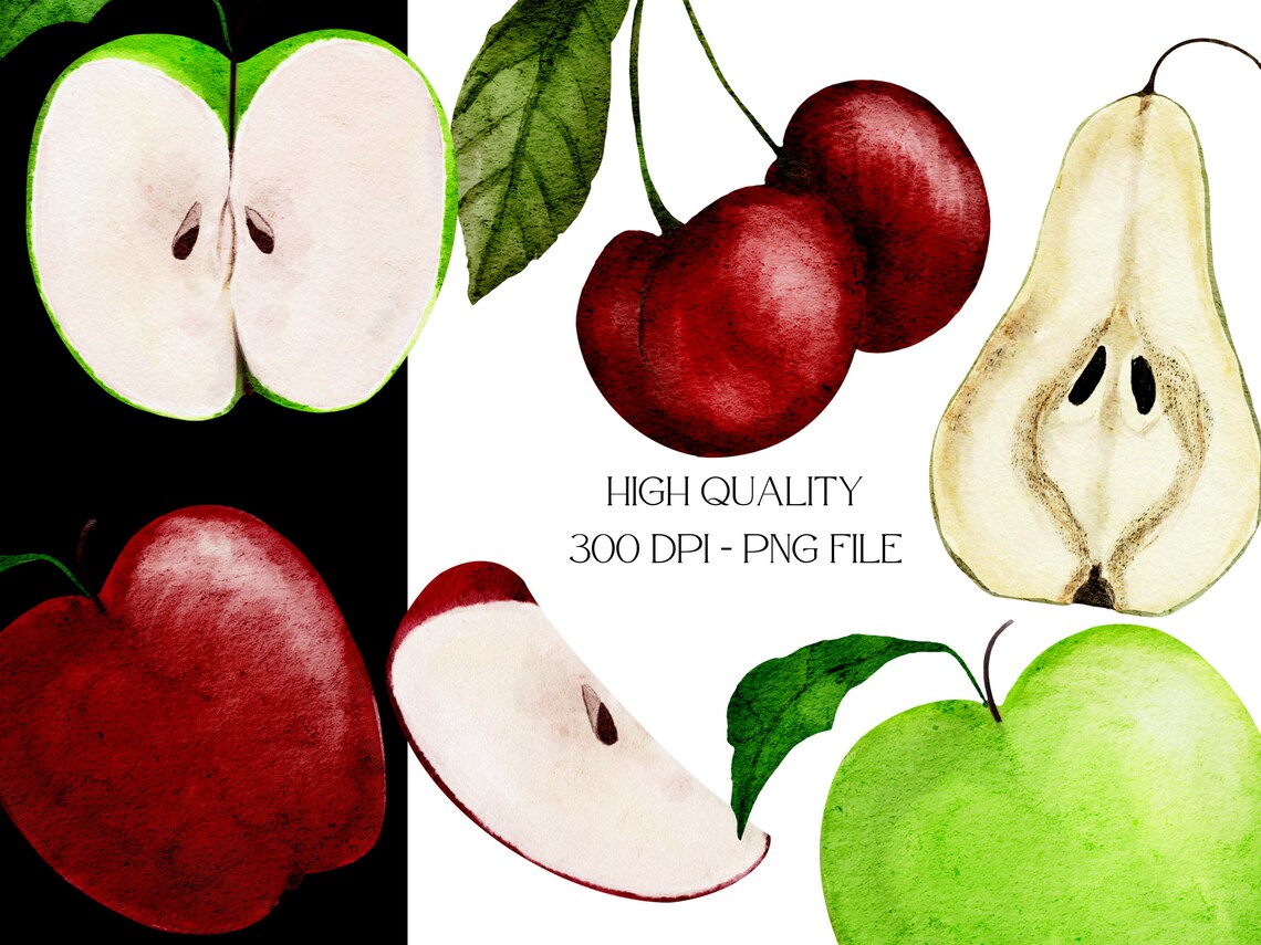 Watercolor Fruit Clipart, Summer Fruit Clipart, Fruit PNG, Apple ...