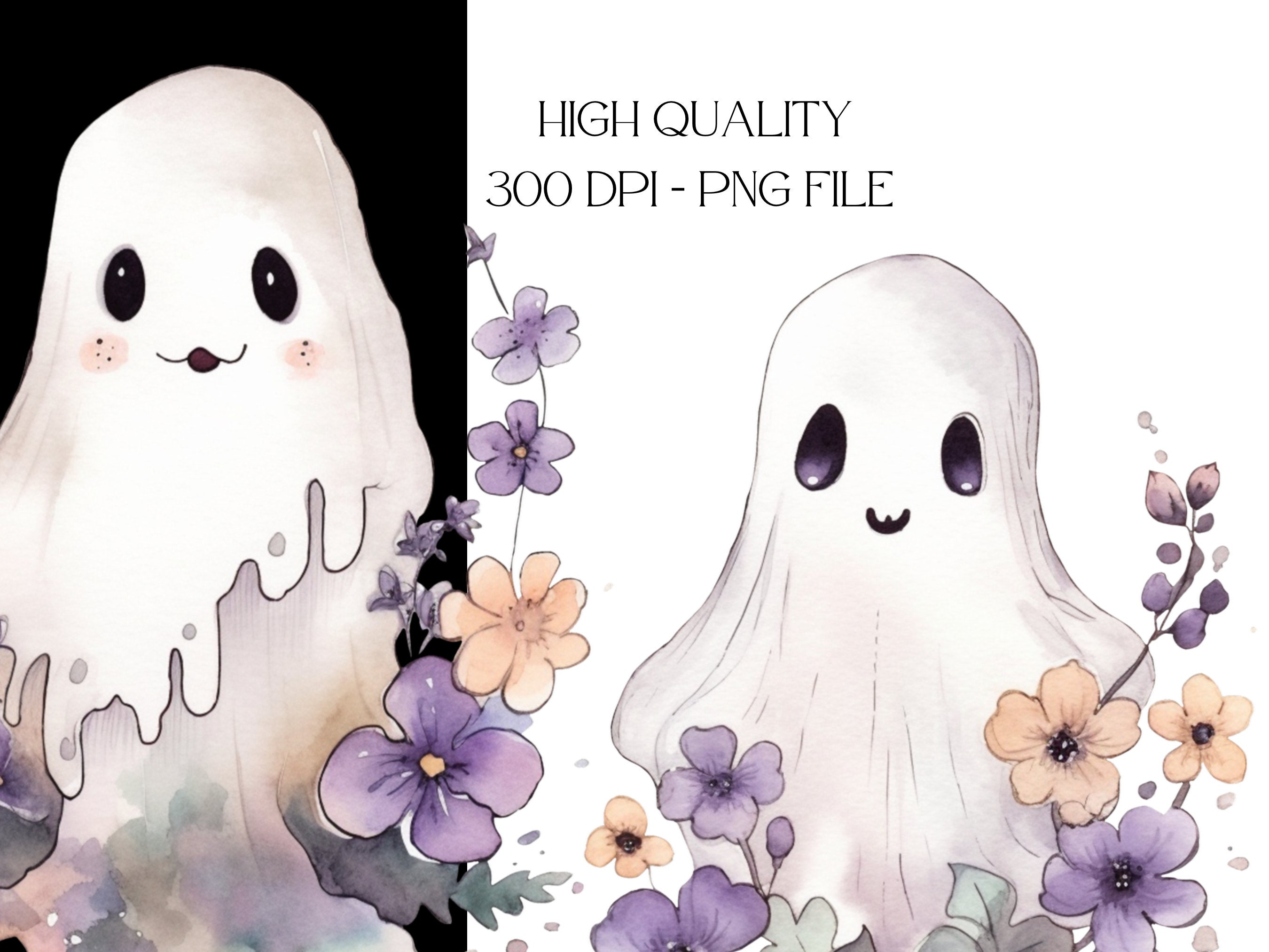 Boho Halloween PNG, Watercolor Ghost PNG, Cute Cartoon Ghost Clipart ...