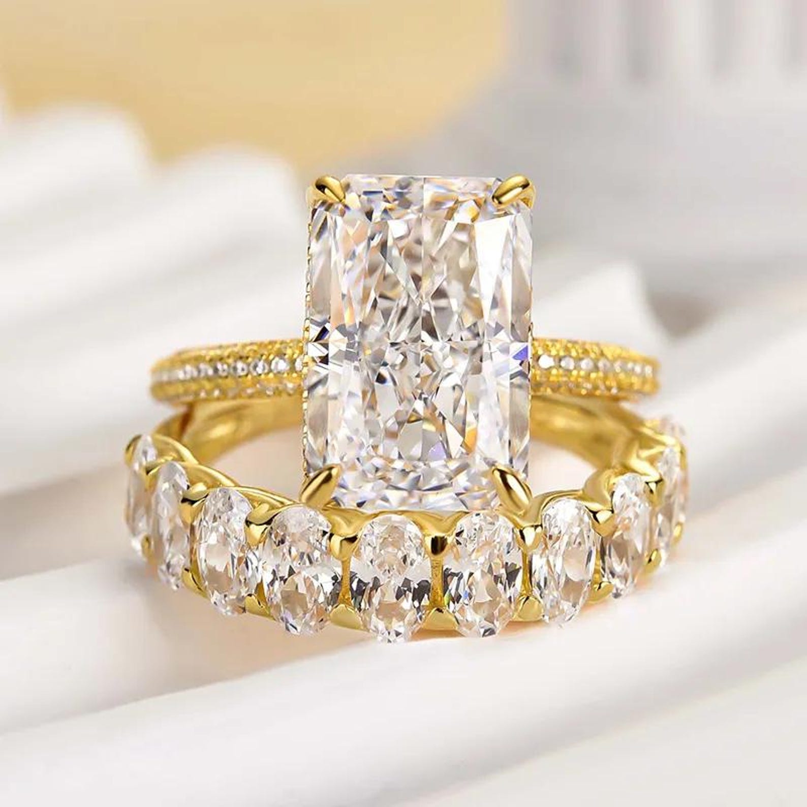 3CT Radiant Cut Moissanite Engagement Diamond Ring Set Bridal Ring Set ...