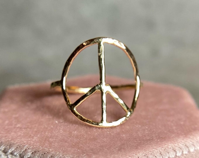 14k Gold Peace Ring, Handmade Peace Symbol Ring, Textured Gold Ring, Hammered Gold Filled Ring ...