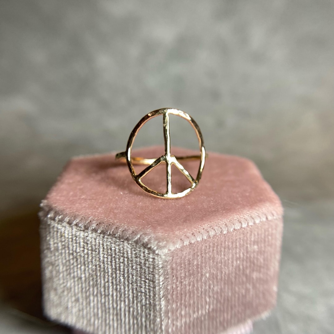 14k Gold Peace Ring, Handmade Peace Symbol Ring, Textured Gold Ring ...