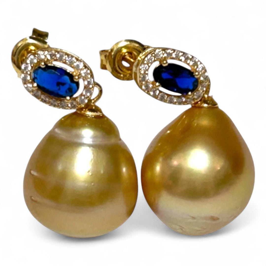 Oval 12.4x14mm Philippine South Sea Natural Deep Golden Pearl Dangle ...